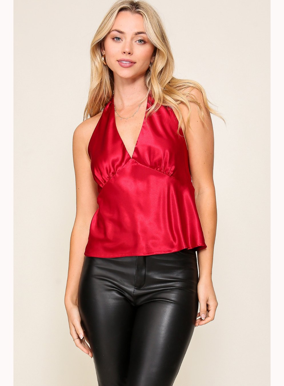 Amerie Satin Sleeveless Halter Top in Red – Highly Praise