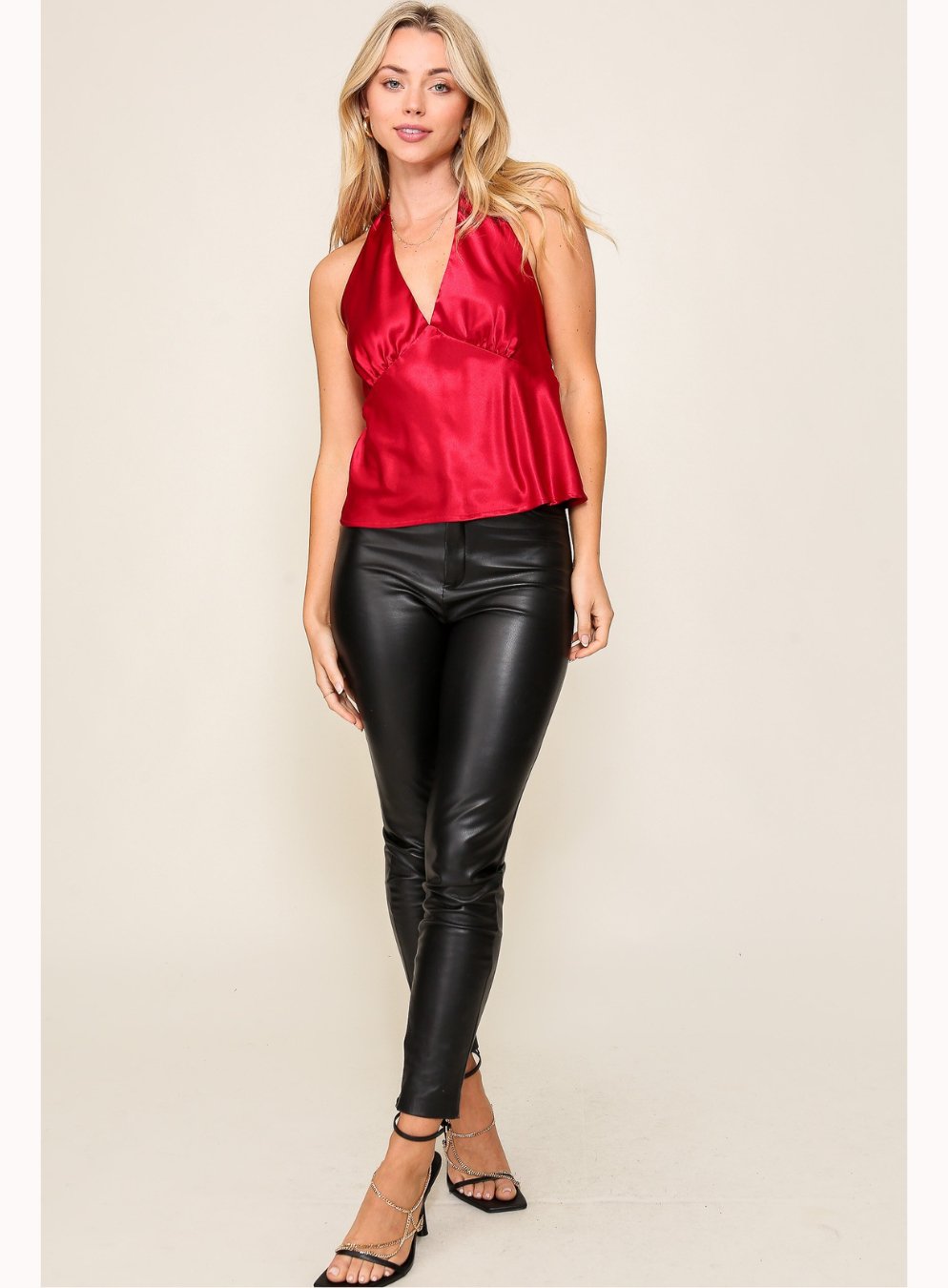 Amerie Satin Sleeveless Halter Top in Red – Highly Praise